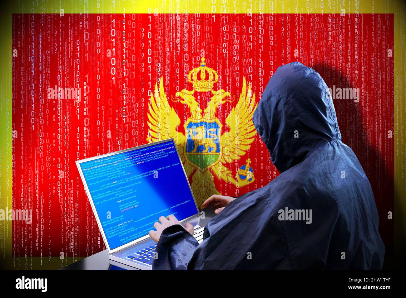 Anonymous Hooded Hacker Flag Of Montenegro Binary Code Cyber Attack