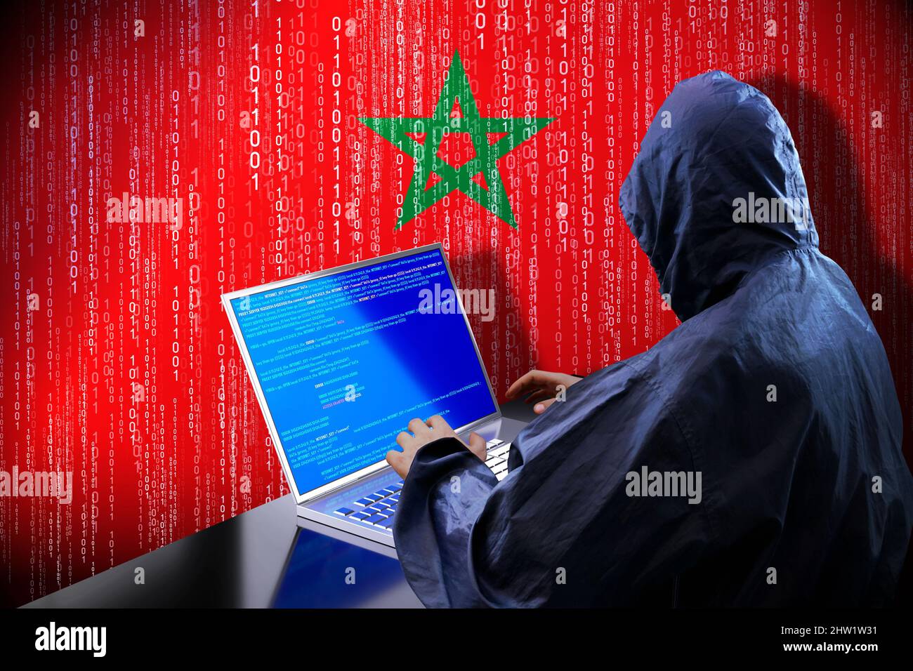 Anonymous hooded hacker, flag of Morocco, binary code - cyber attack ...