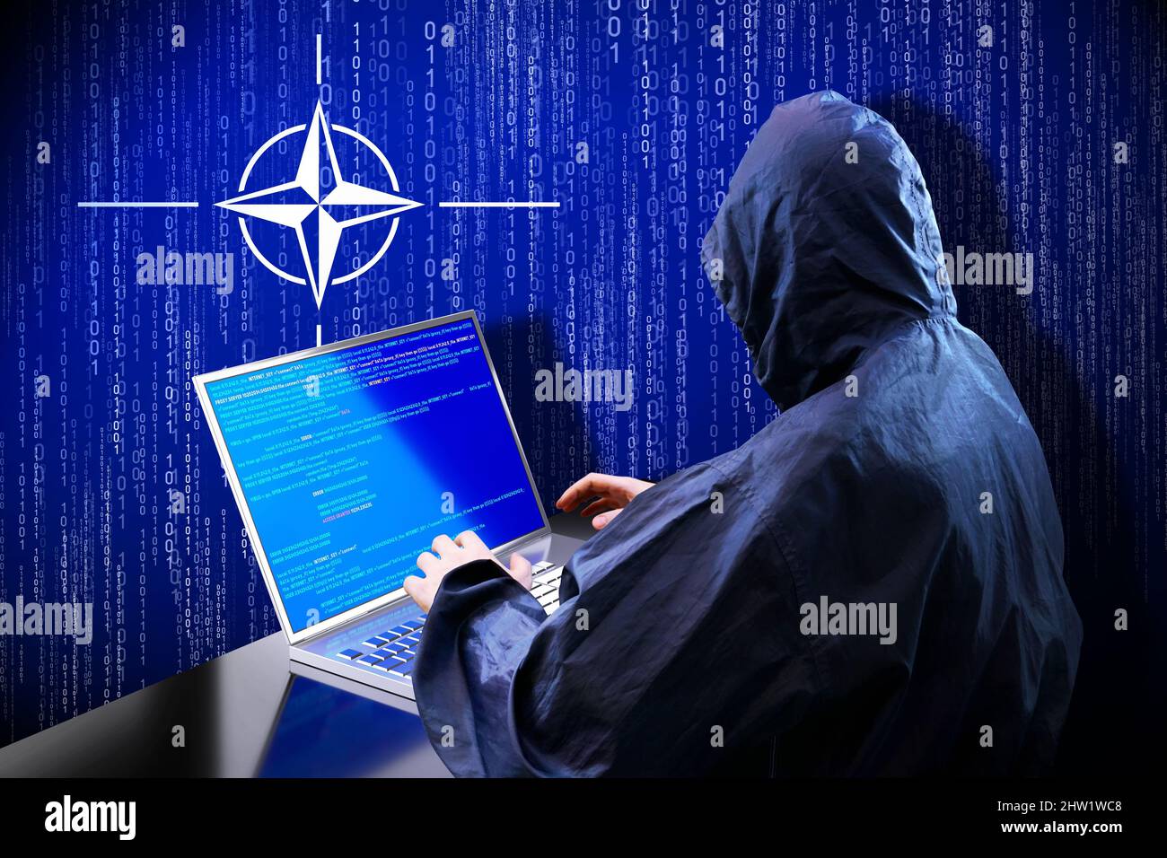 Anonymous hooded hacker, flag of NATO, binary code - cyber attack ...