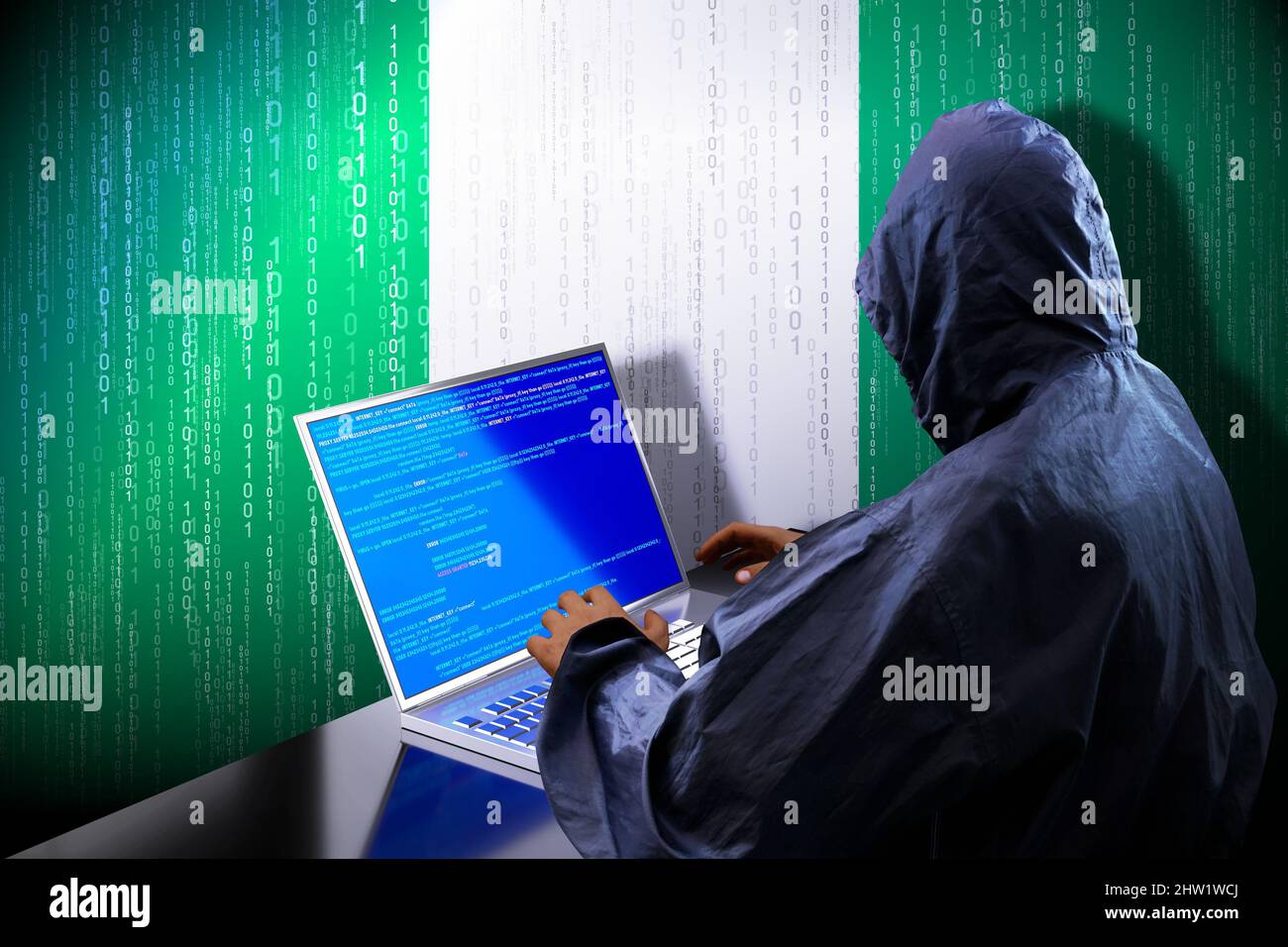 Anonymous hooded hacker, flag of Nigeria, binary code - cyber attack concept Stock Photo - Alamy