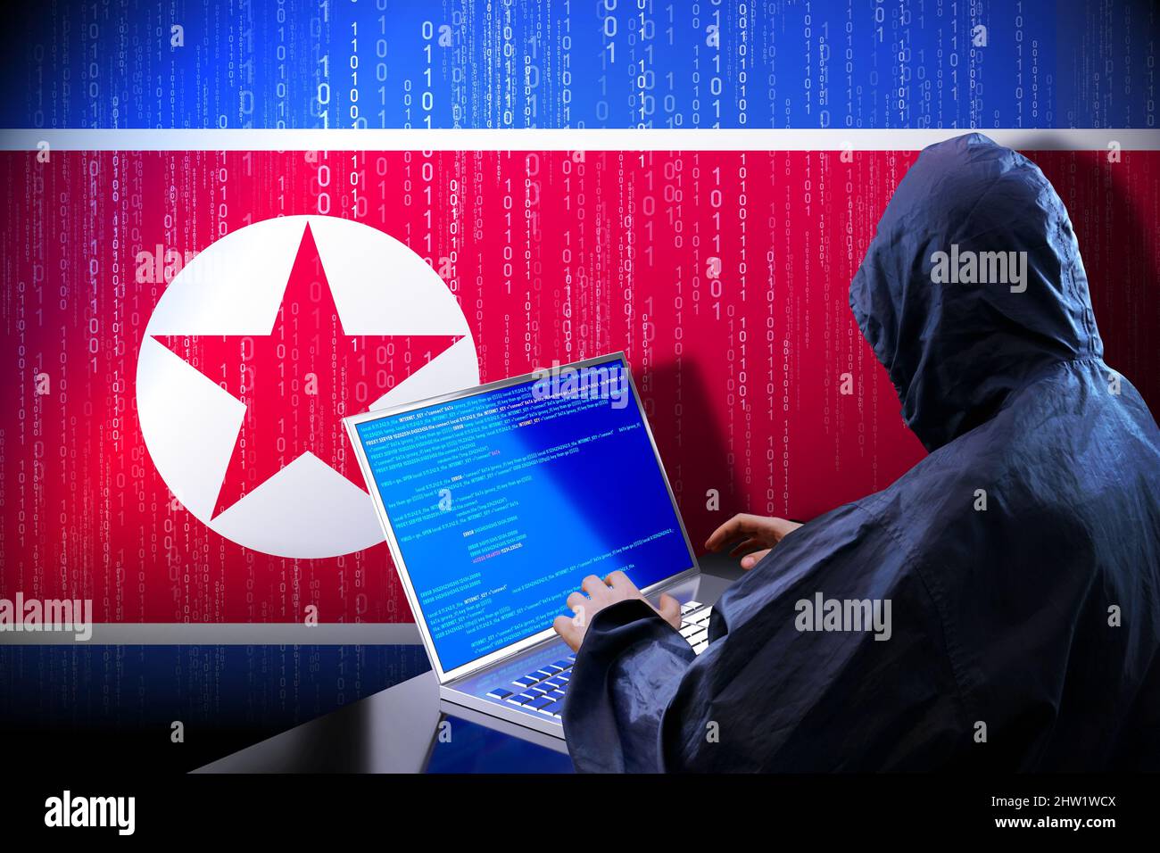Anonymous hooded hacker, flag of North Korea, binary code - cyber attack concept Stock Photo - Alamy