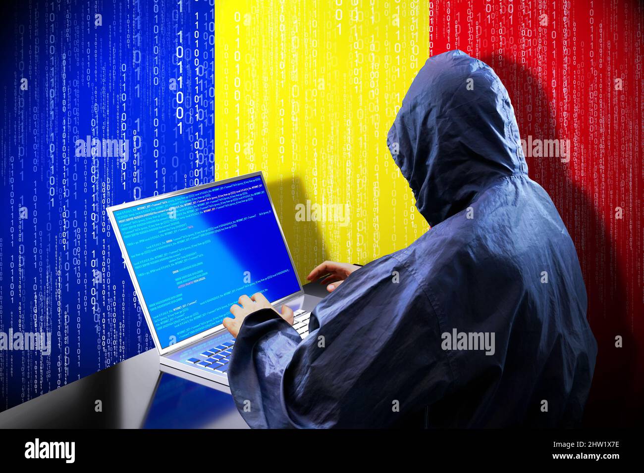 Anonymous hooded hacker, flag of Romania, binary code - cyber attack concept Stock Photo - Alamy