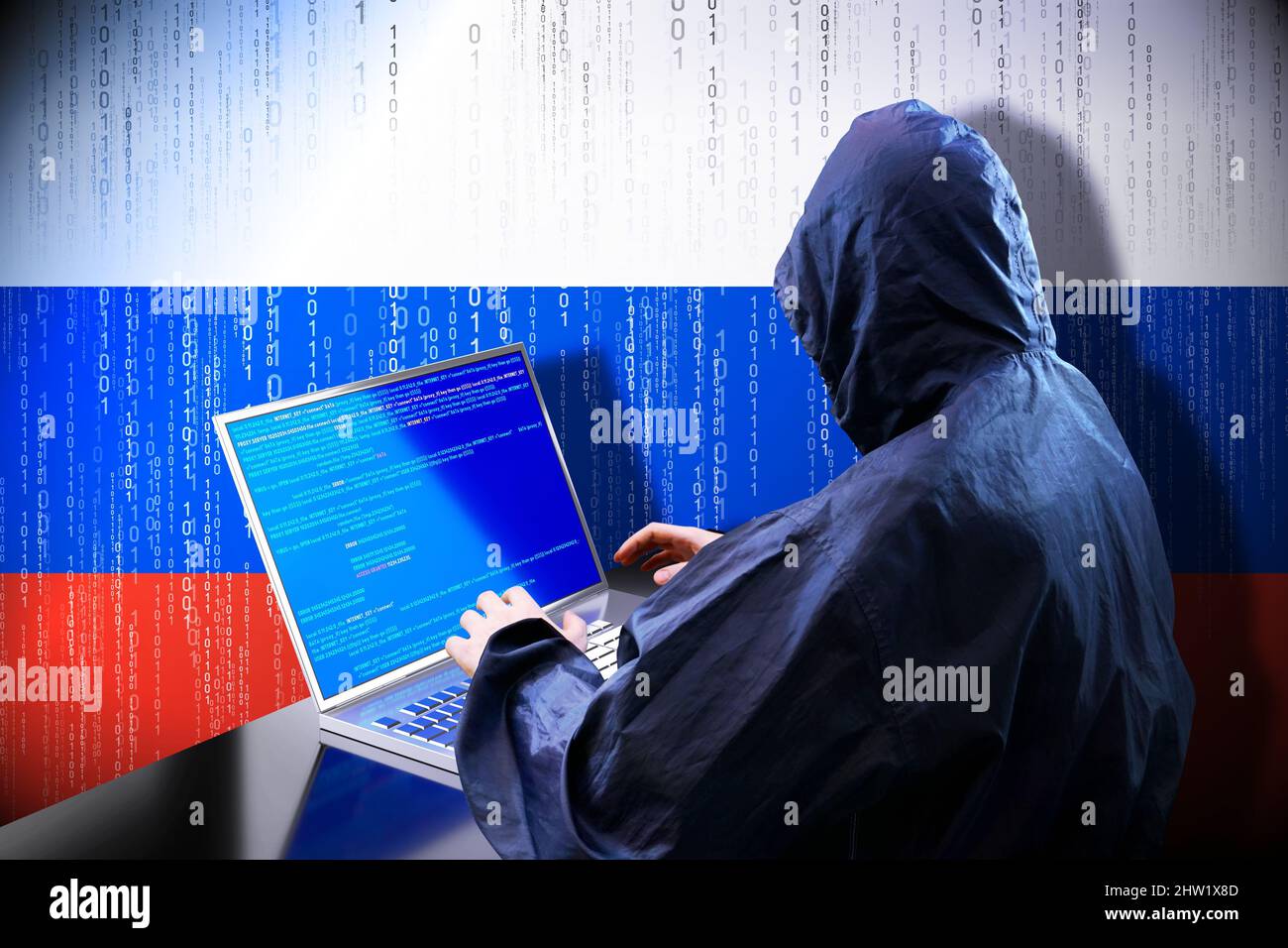 Anonymous hooded hacker, flag of Russia, binary code - cyber attack ...