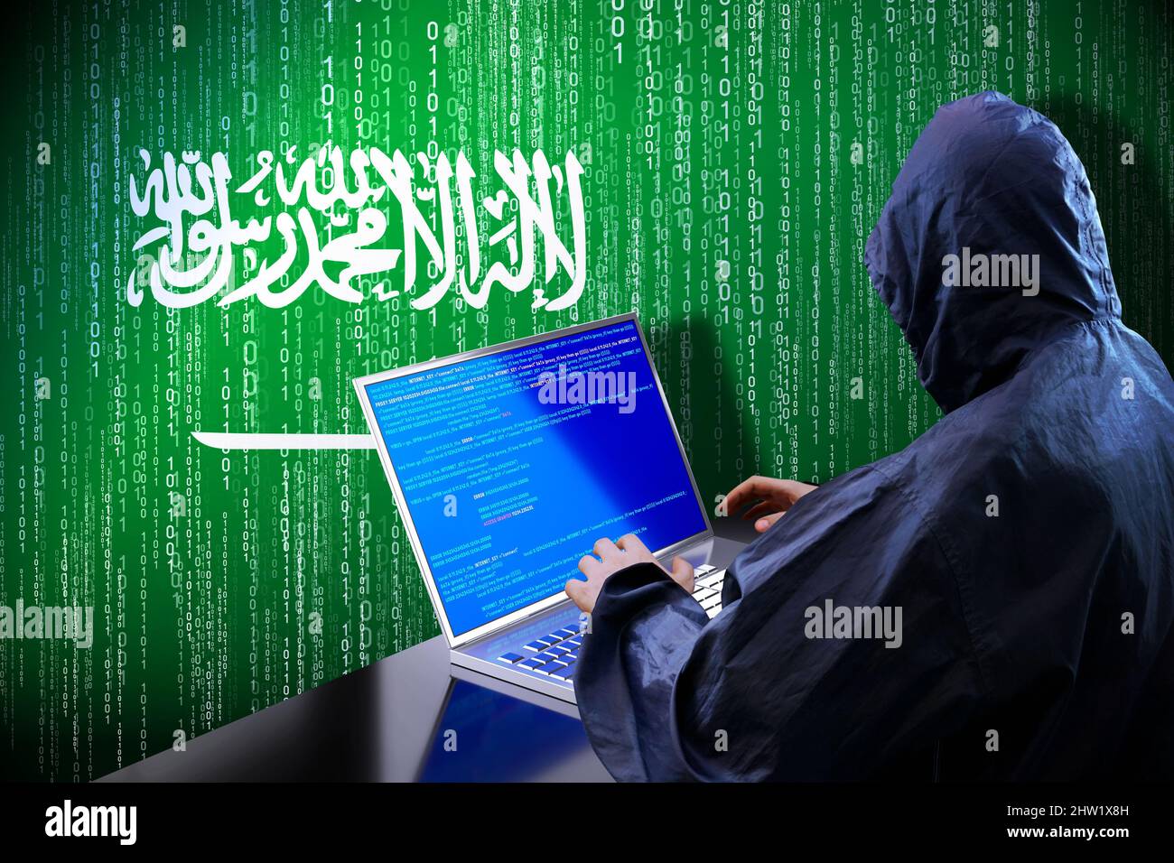 Anonymous hooded hacker, flag of Saudi Arabia, binary code - cyber ...
