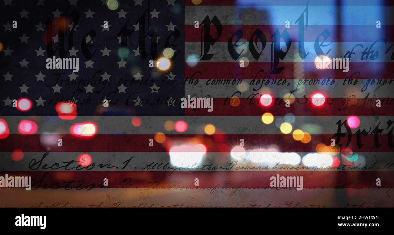 Image of american flag and constitution text over cityscape Stock Photo ...