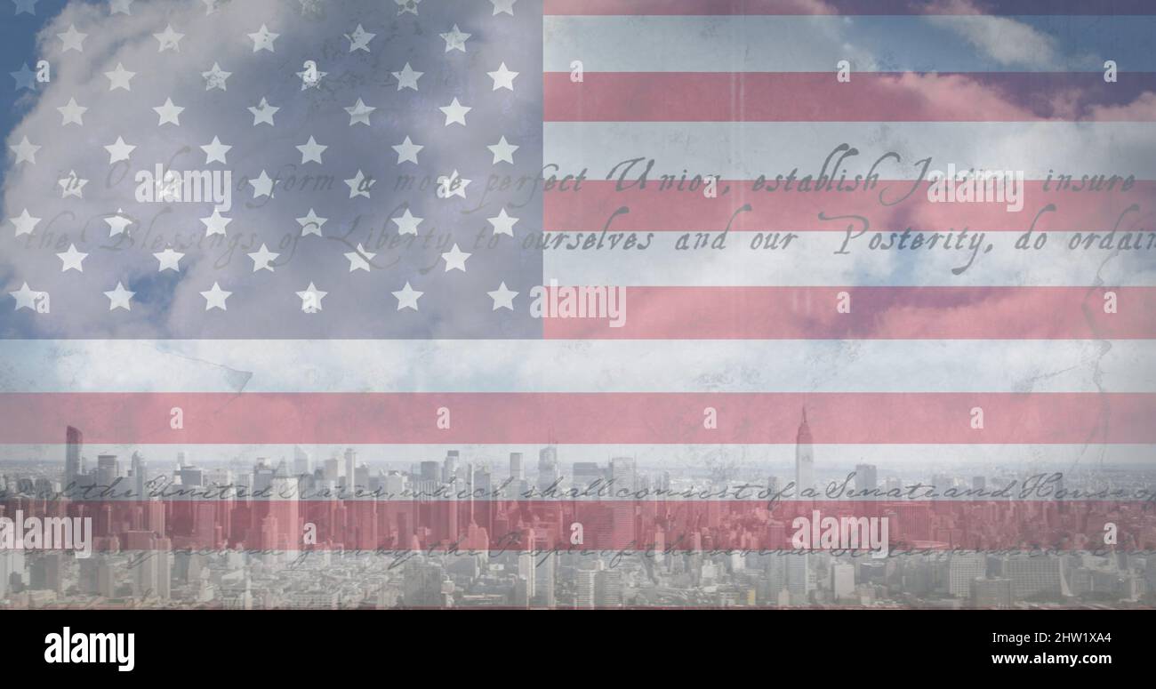Image of american flag and constitution text over cityscape Stock Photo ...