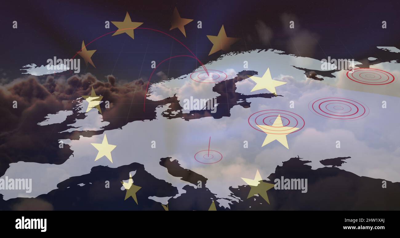 Image of flag of european union and map over clouds in sky Stock Photo ...