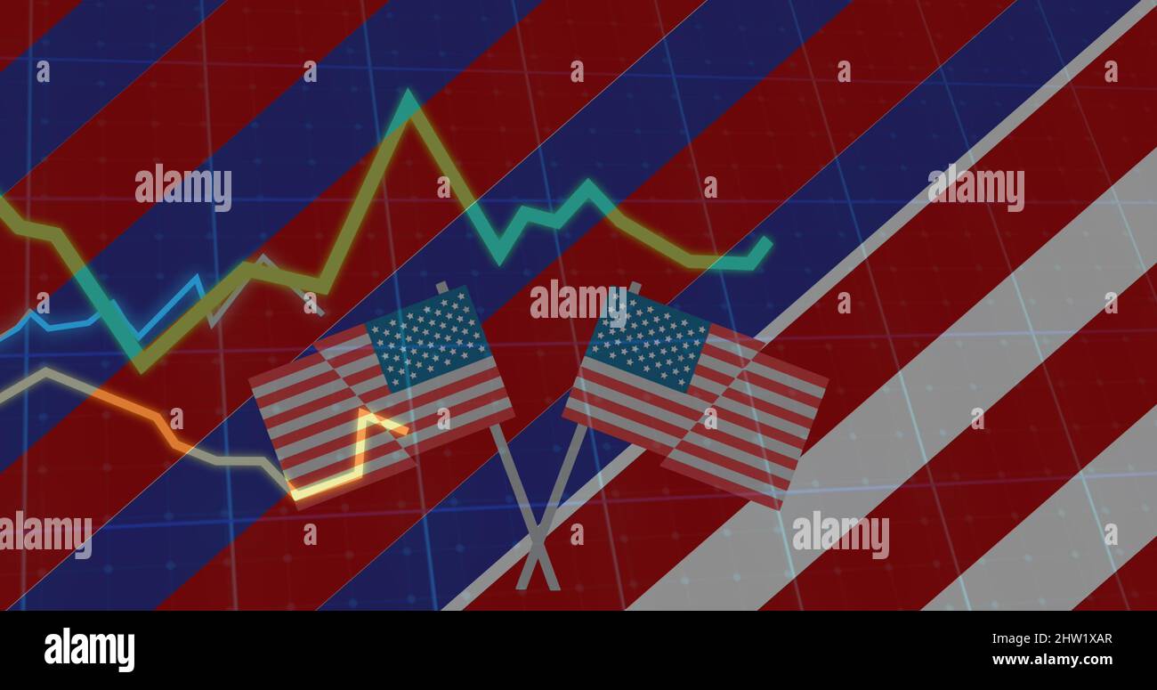 Image of american flags with statistics and lines processing Stock ...