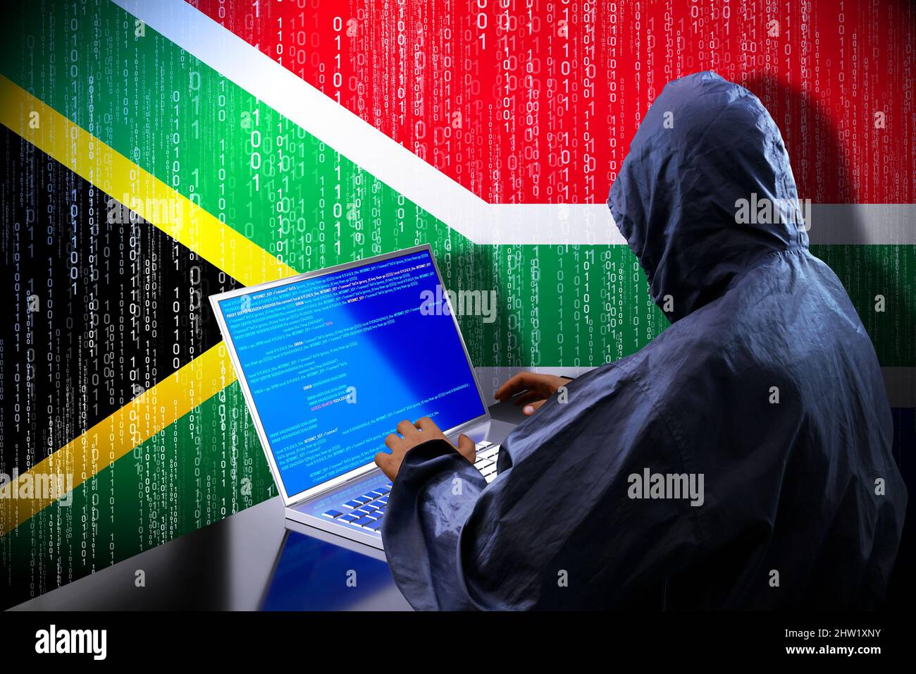 Anonymous hooded hacker, flag of South Africa, binary code - cyber attack concept Stock Photo ...