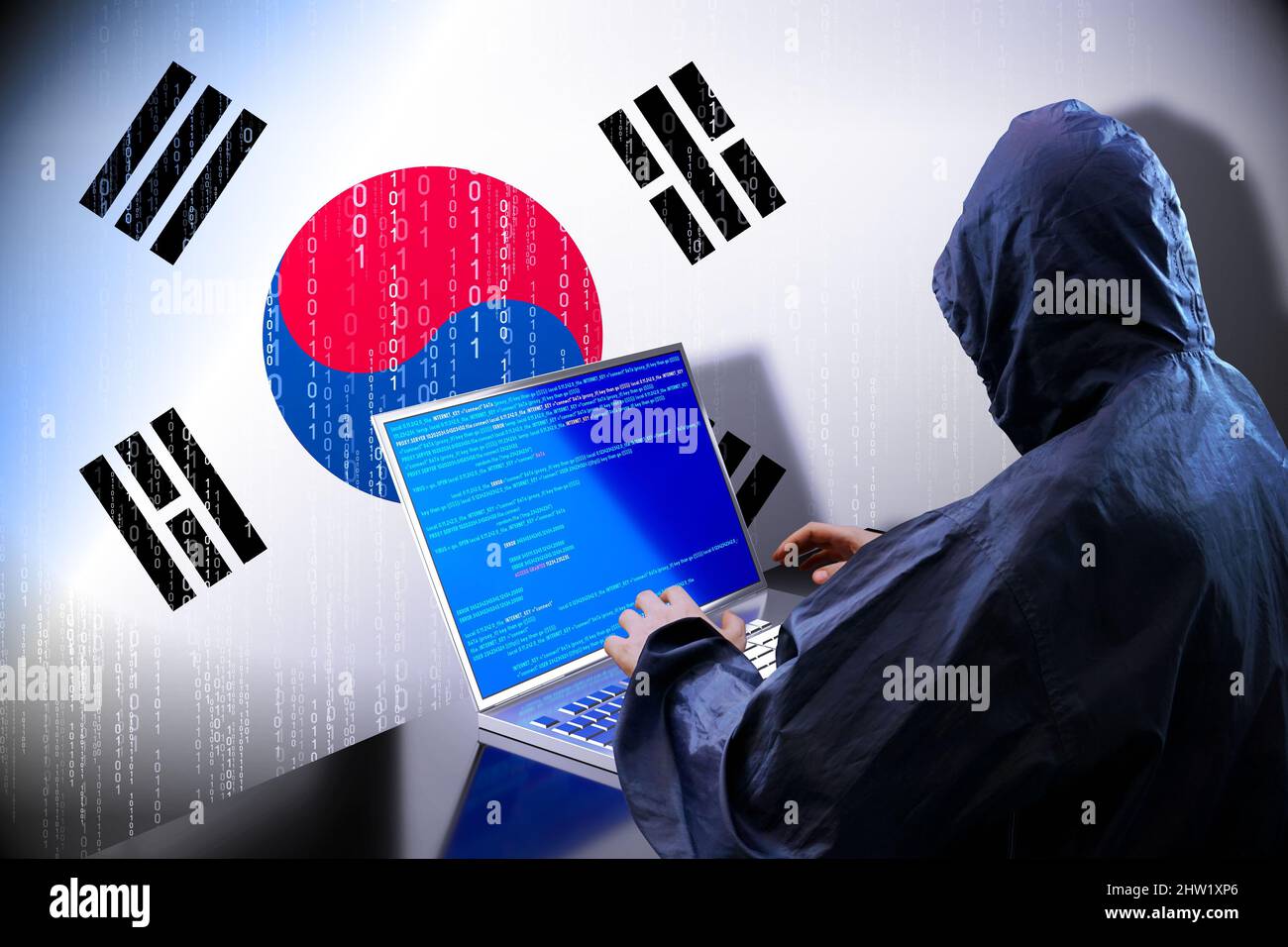 Anonymous hooded hacker, flag of South Korea, binary code - cyber ...