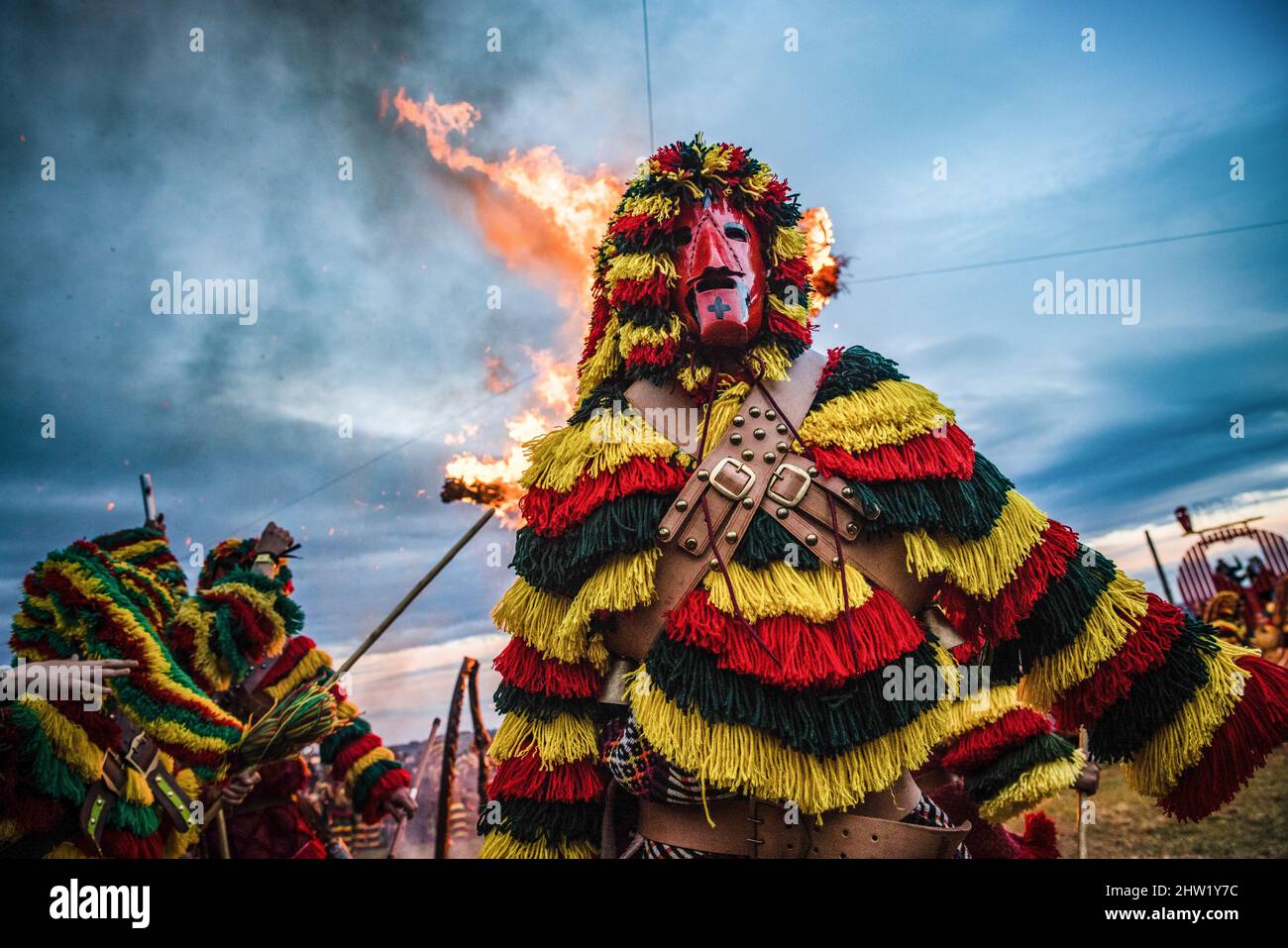Caretos performs religious rituals during the burning of Entrudo (a ...
