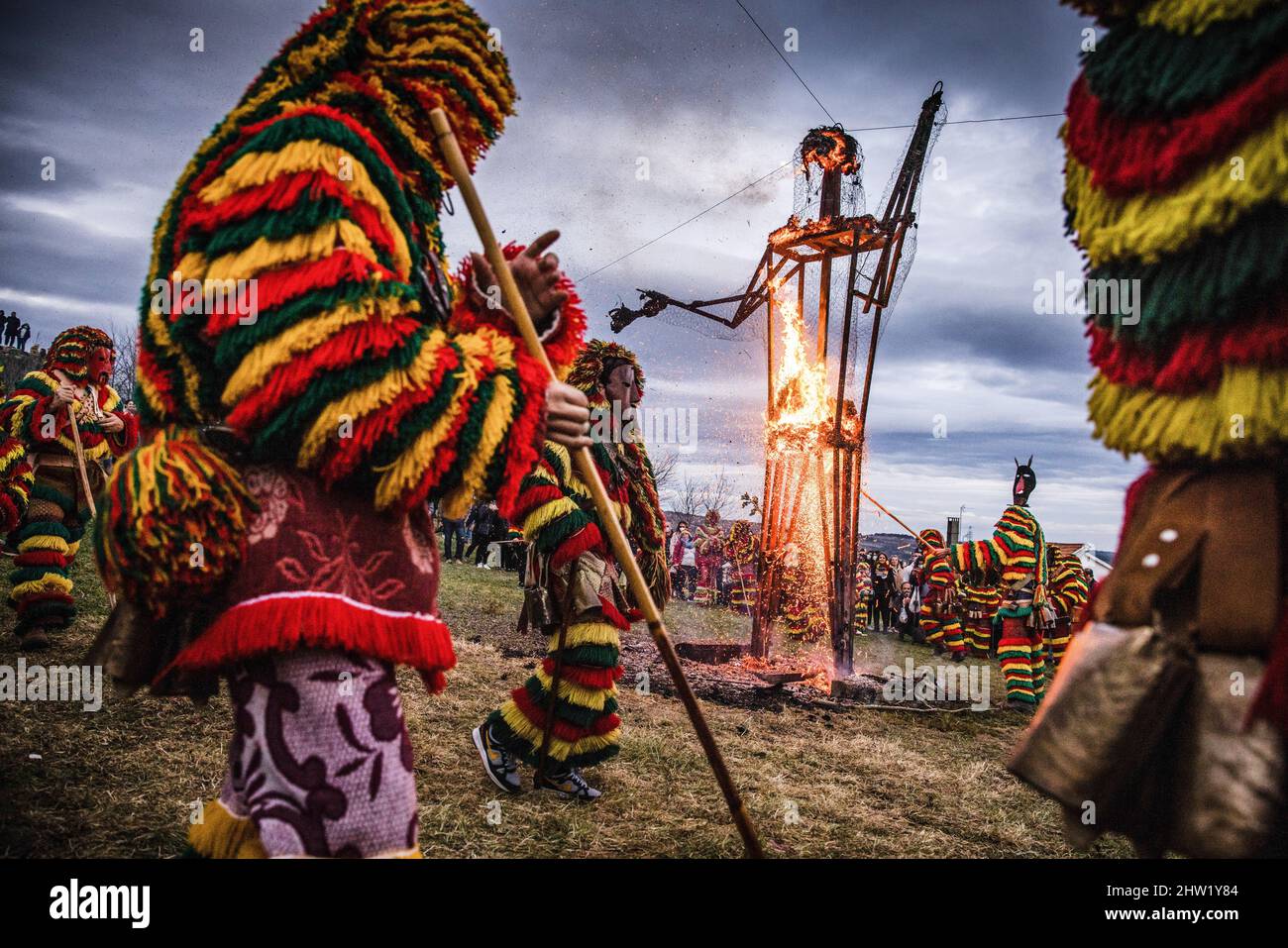 Caretos performs religious rituals during the burning of Entrudo (a ...