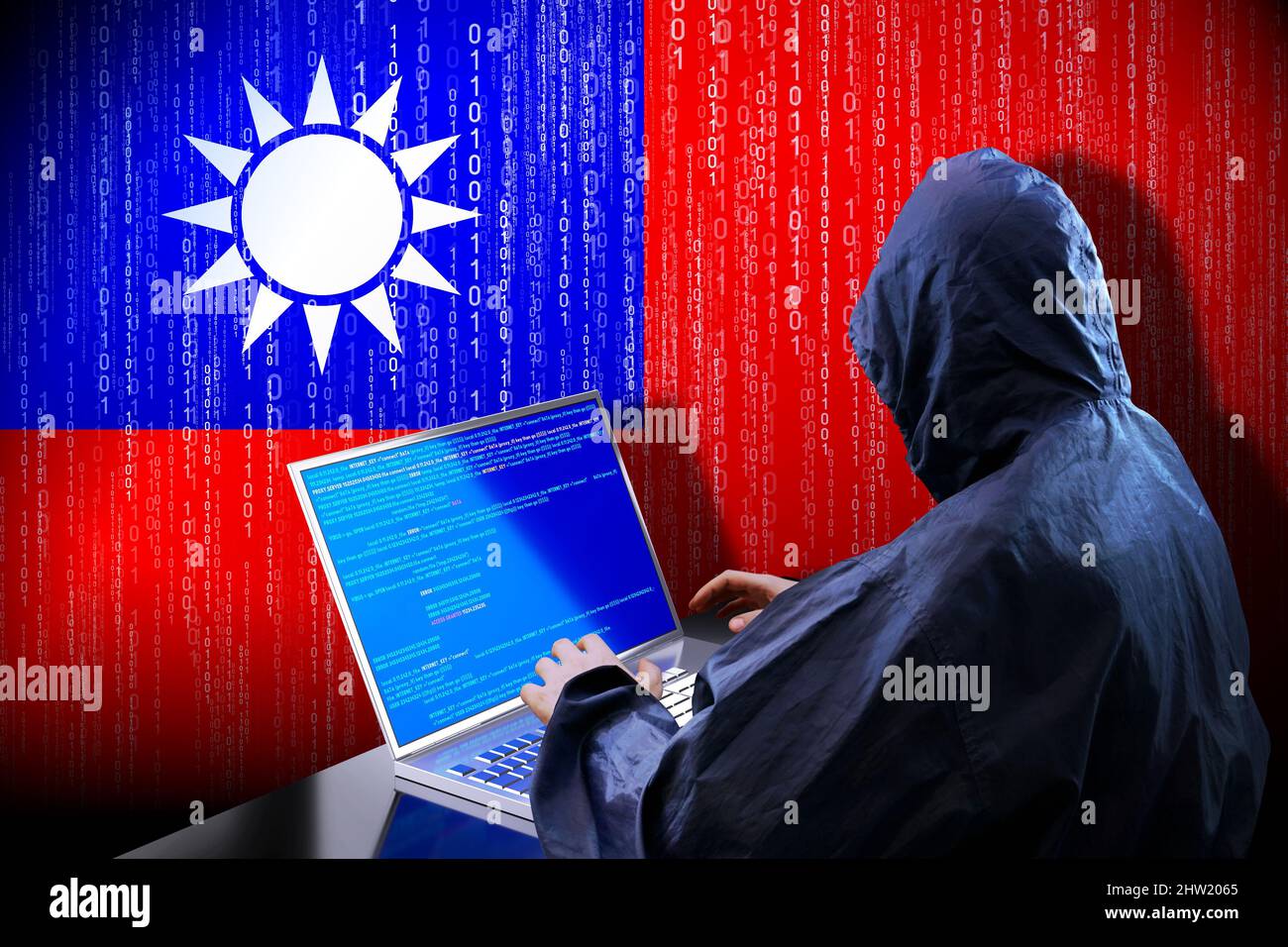 Anonymous hooded hacker, flag of Taiwan, binary code - cyber attack ...