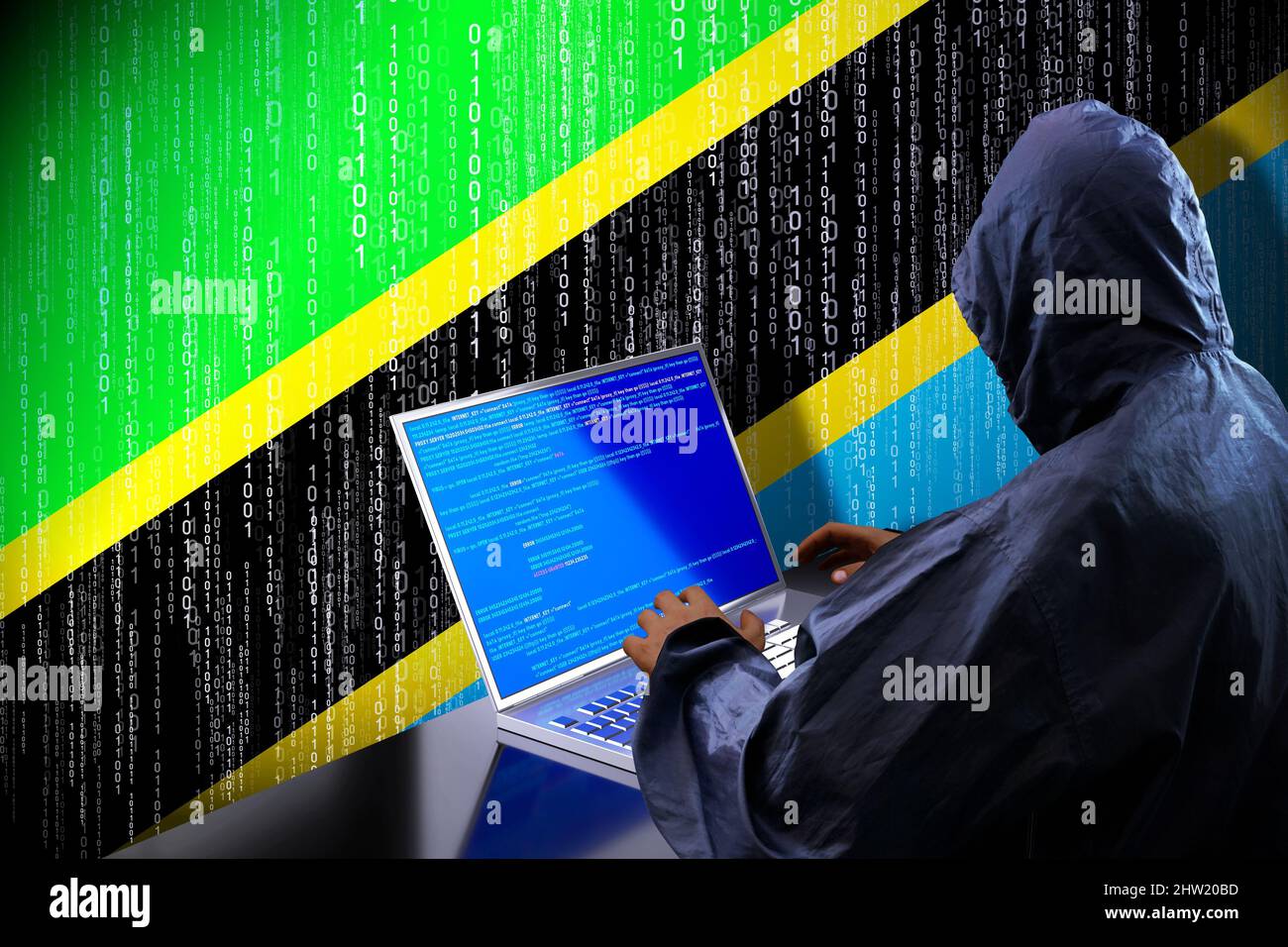 Anonymous hooded hacker, flag of Tanzania, binary code - cyber attack ...