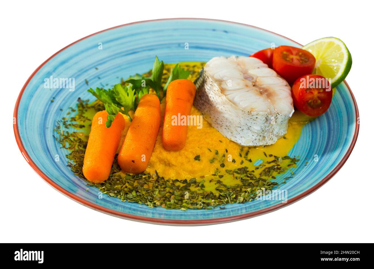 Recipe of steamed merluccius with vegetable pate Stock Photo - Alamy