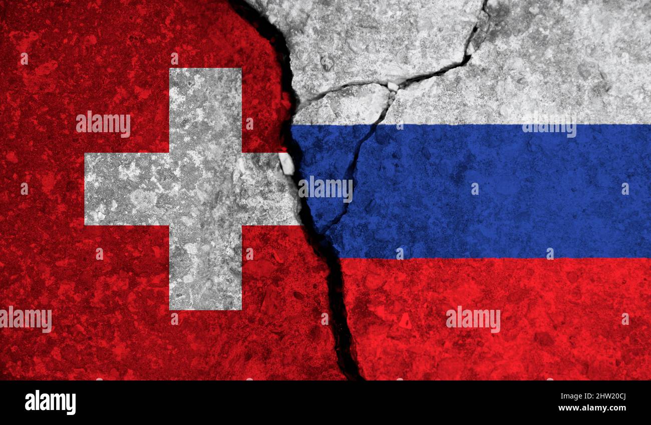 Political relationship between Switzerland and russia. National flags ...