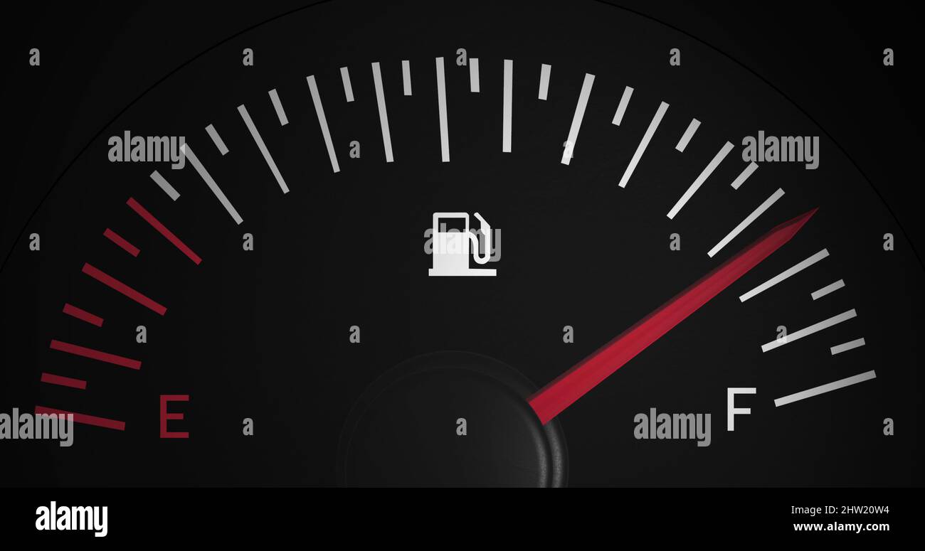 Image of fuel gauge moving over black background Stock Photo - Alamy