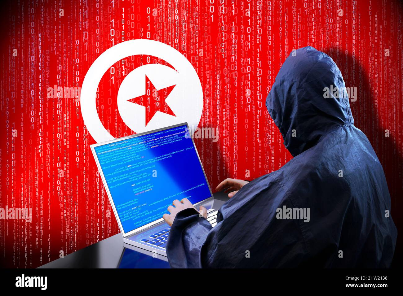 Anonymous hooded hacker, flag of Tunisia, binary code - cyber attack concept Stock Photo - Alamy