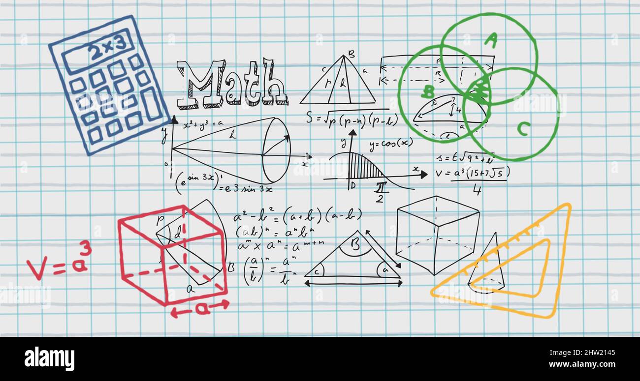 Image of colorful drawing over mathematical equations in school ...