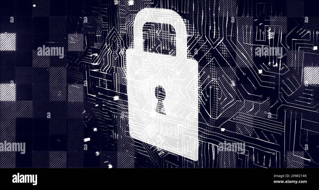 Image of padlock and computer circuit board over black background Stock ...