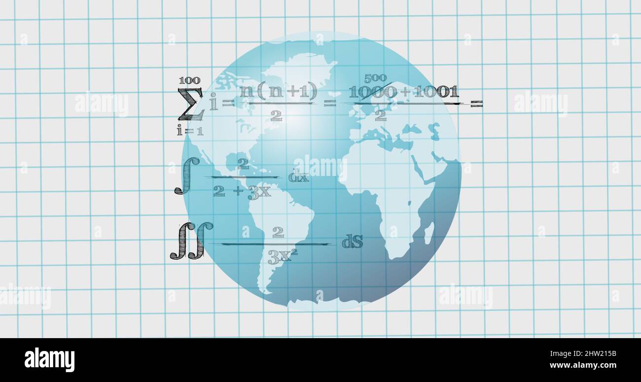 Image of globe over mathematical equations in school notebook Stock ...