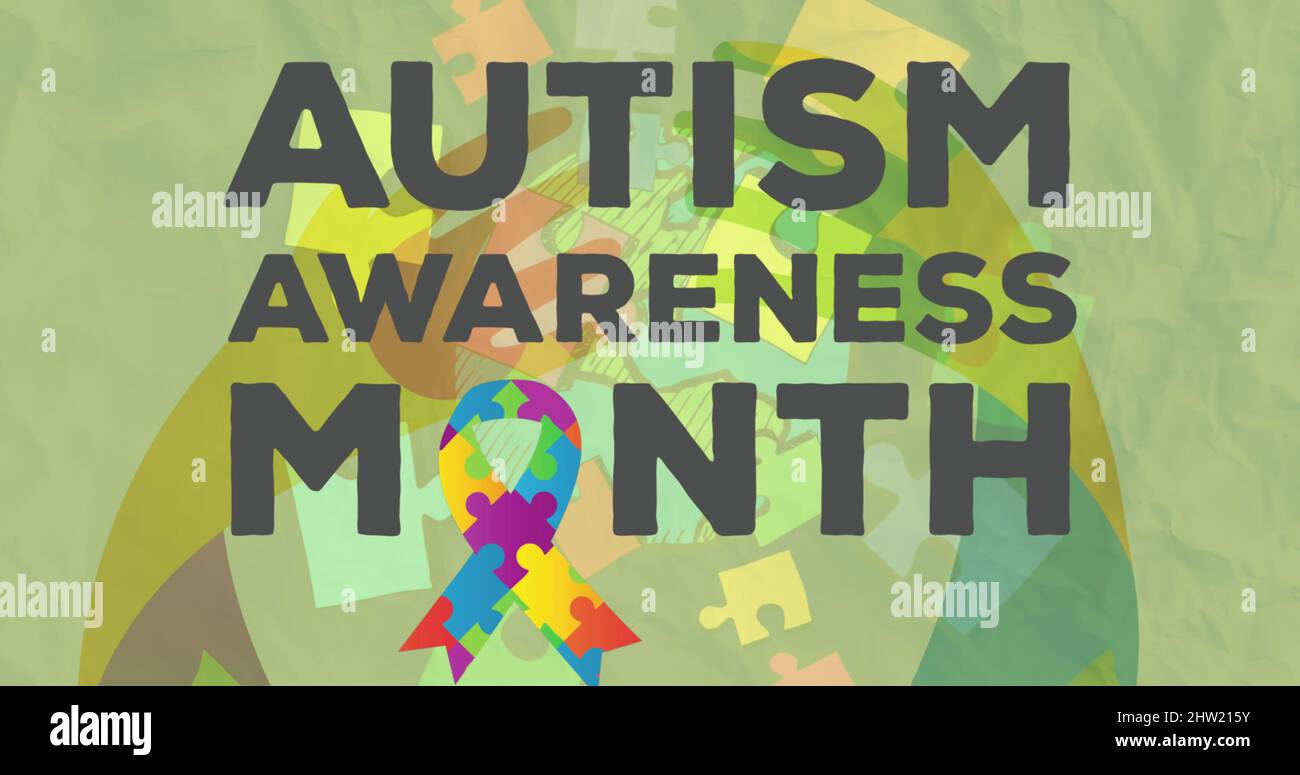 Image of autism awareness month text over puzzle and arms Stock Photo ...