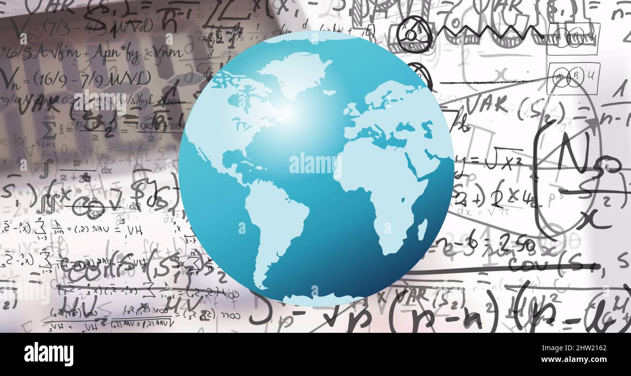 Image of globe over mathematical equations in school notebook Stock ...