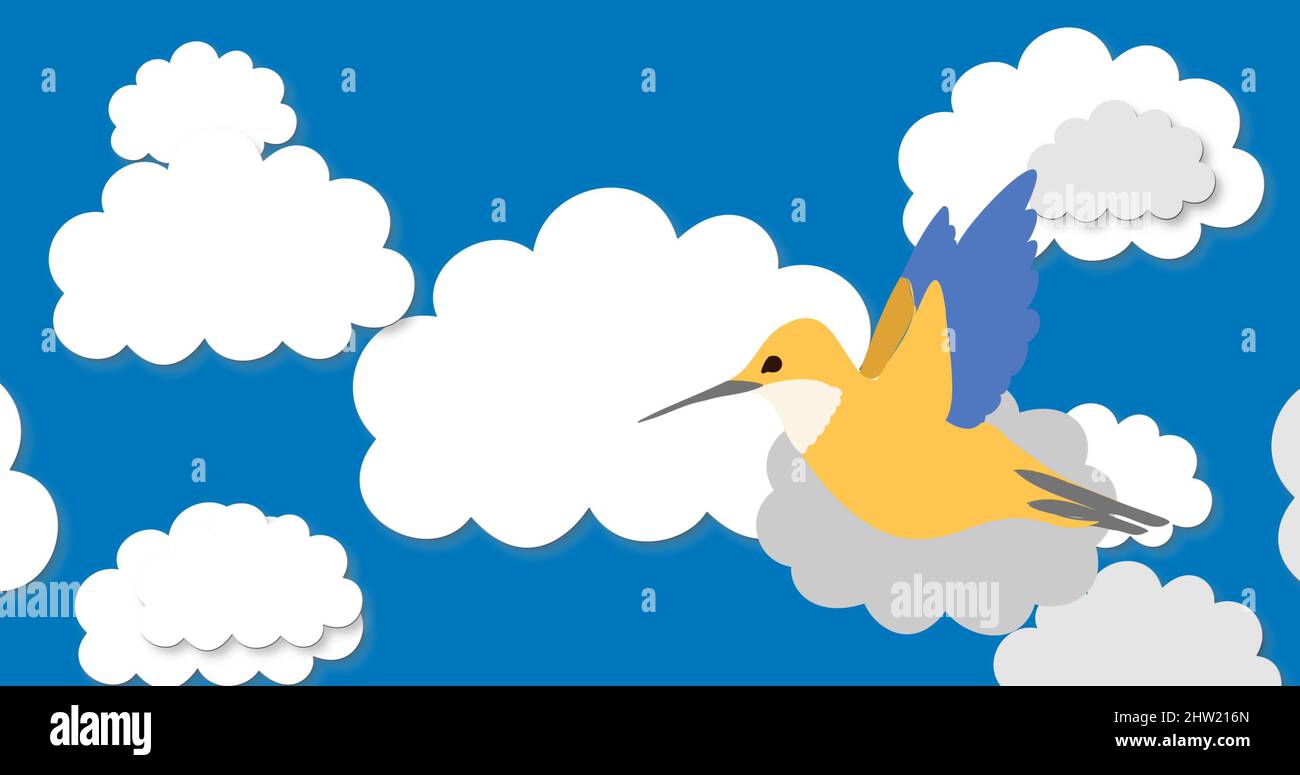 Image of illustration of yellow bird flying over clouds on blue ...