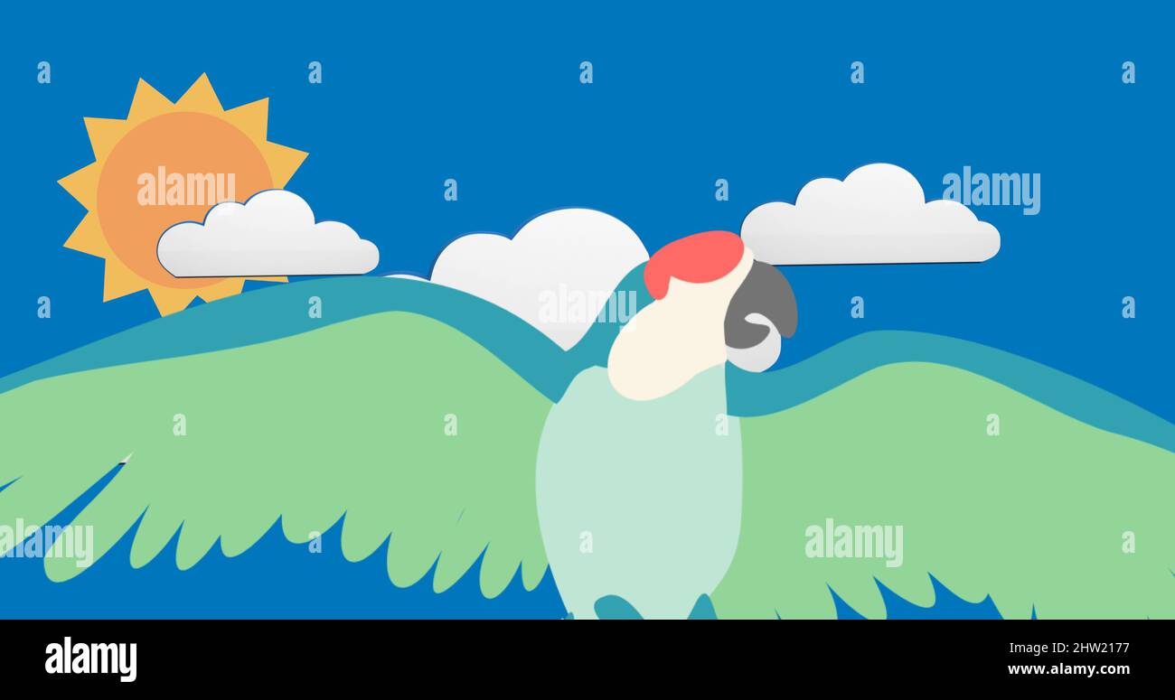 Image of illustration of parrot flying over clouds on blue background ...