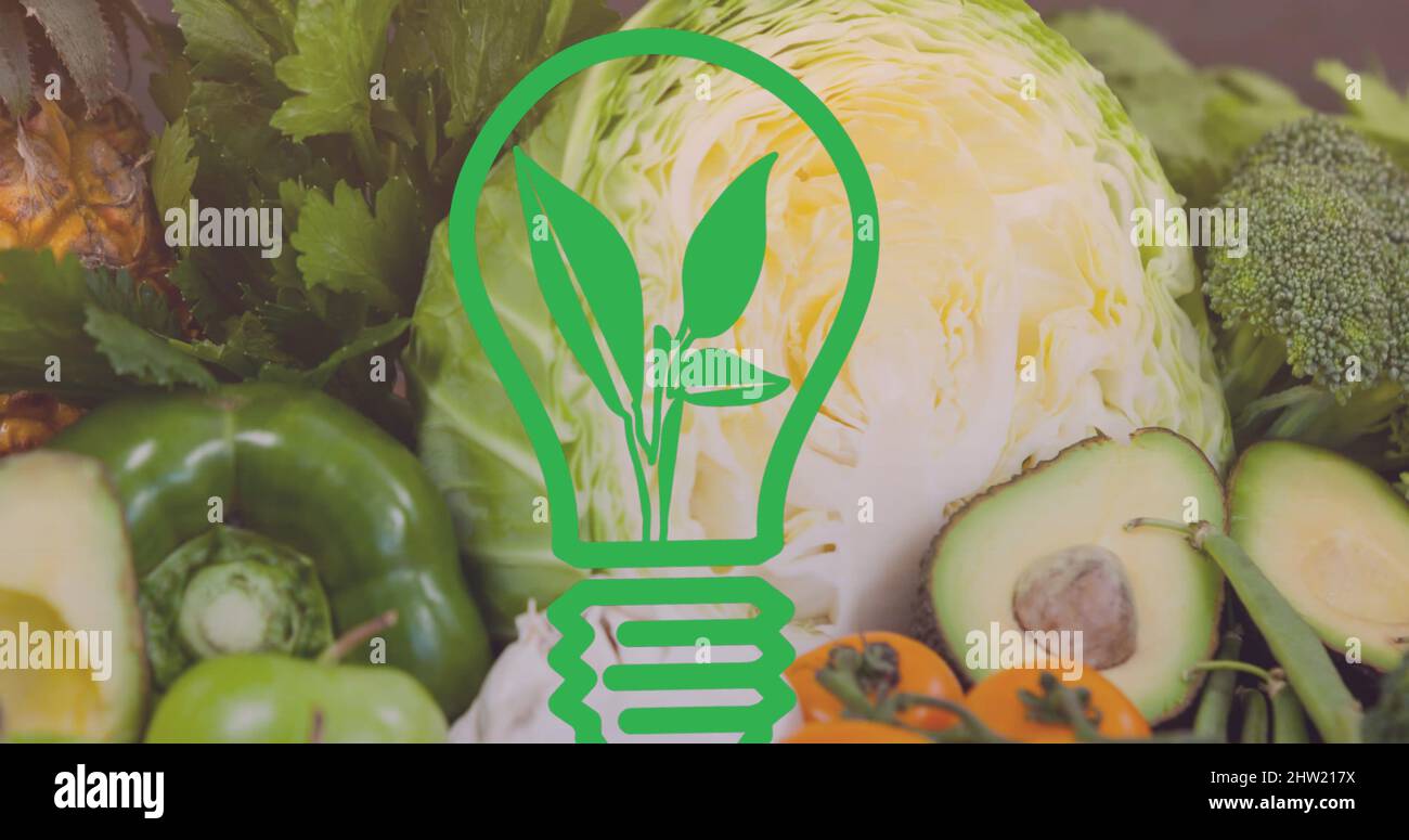 Image of green light bulb over vegetables Stock Photo - Alamy