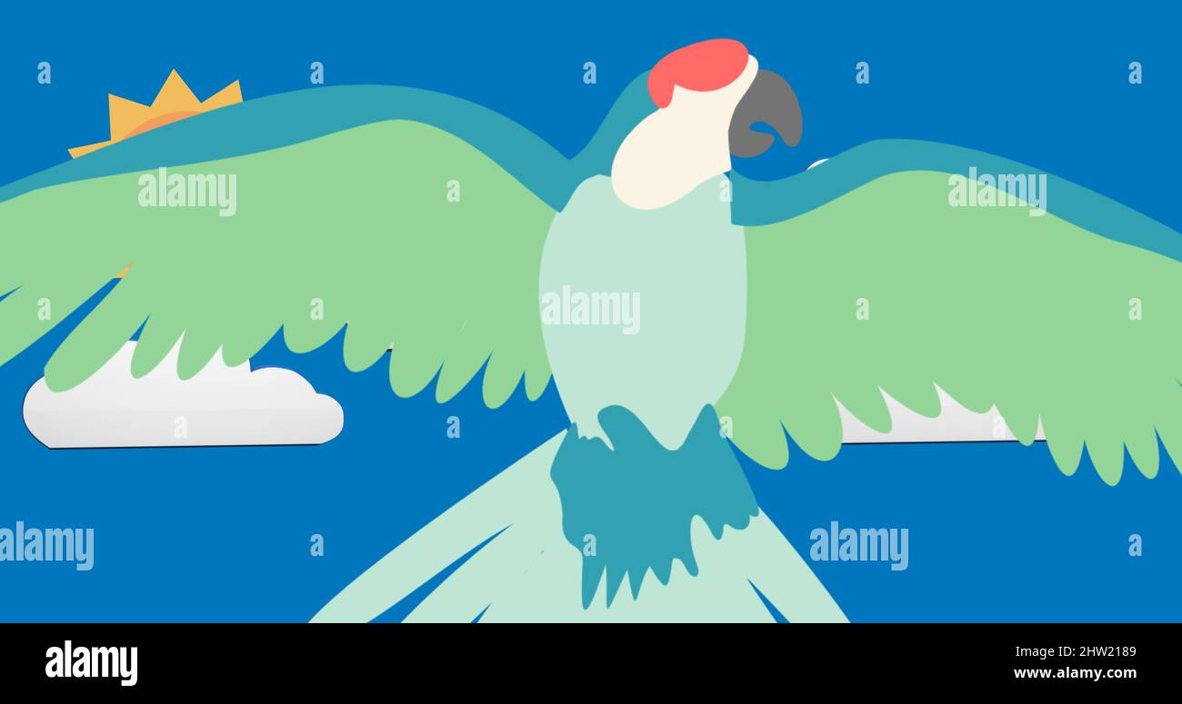 Image of illustration of parrot flying over clouds on blue background ...