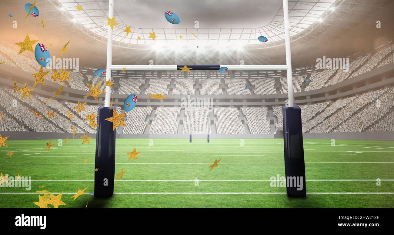 Image of stars over rugby balls coloured with fiji flag falling at ...