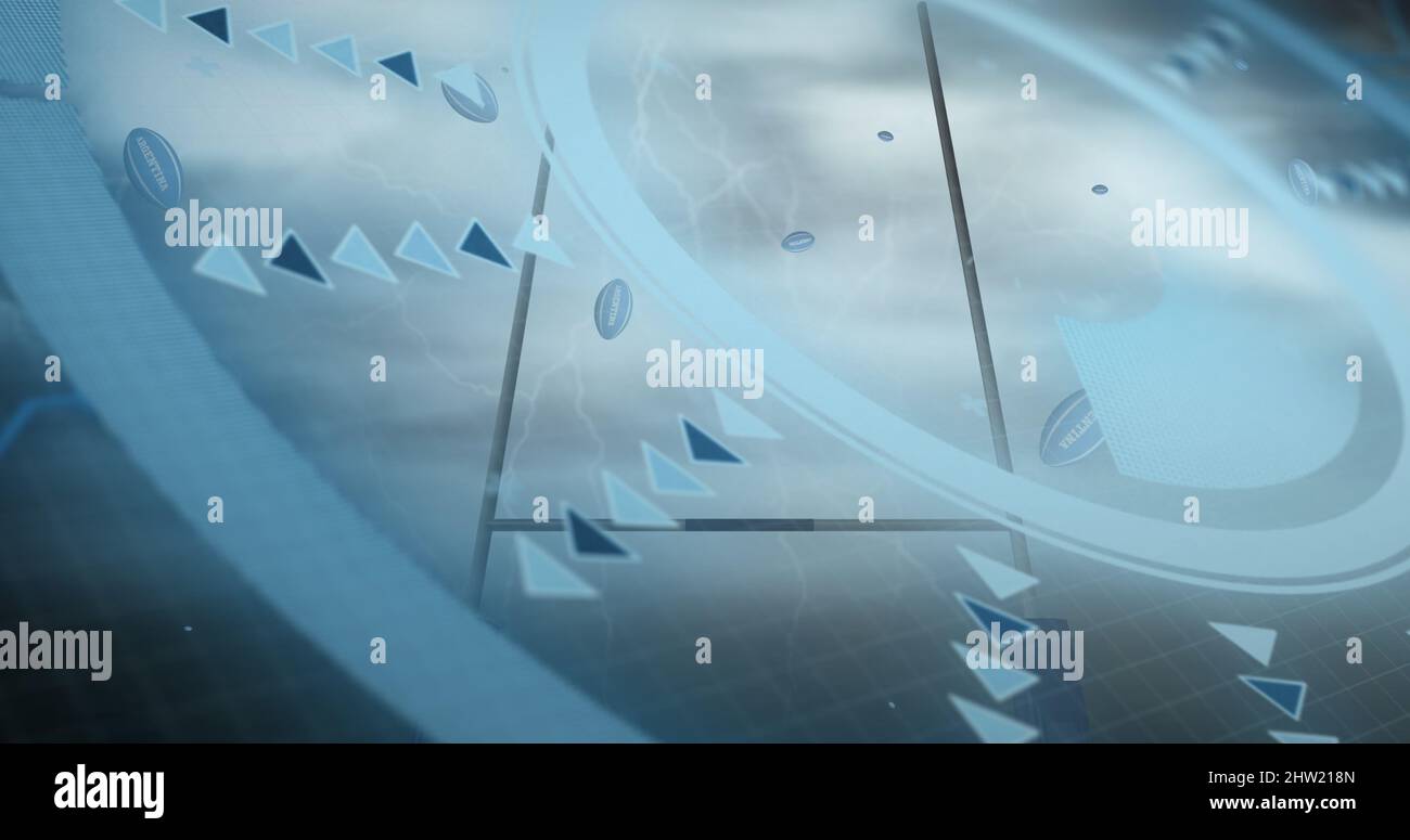 Image of scope scanning over rugby balls falling with argentina text at ...