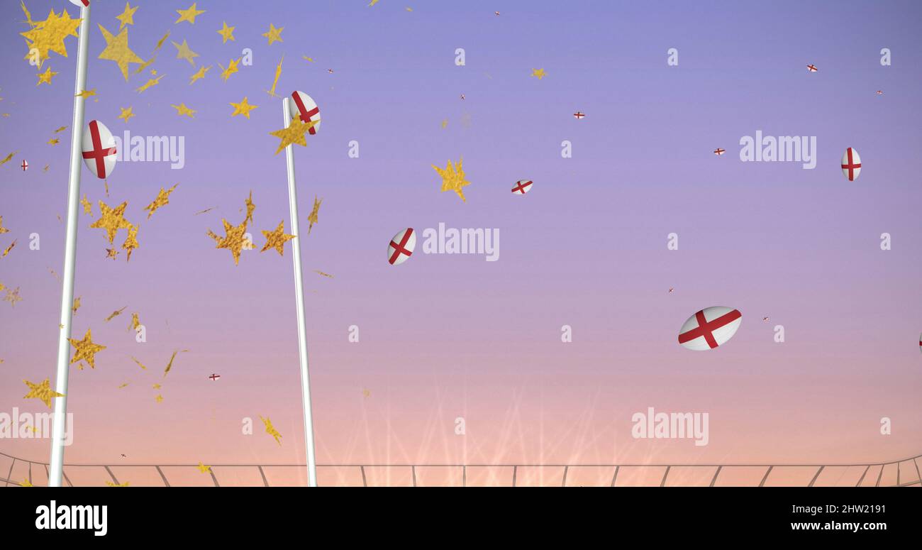 Image of stars over rugby balls coloured with england flag falling at ...