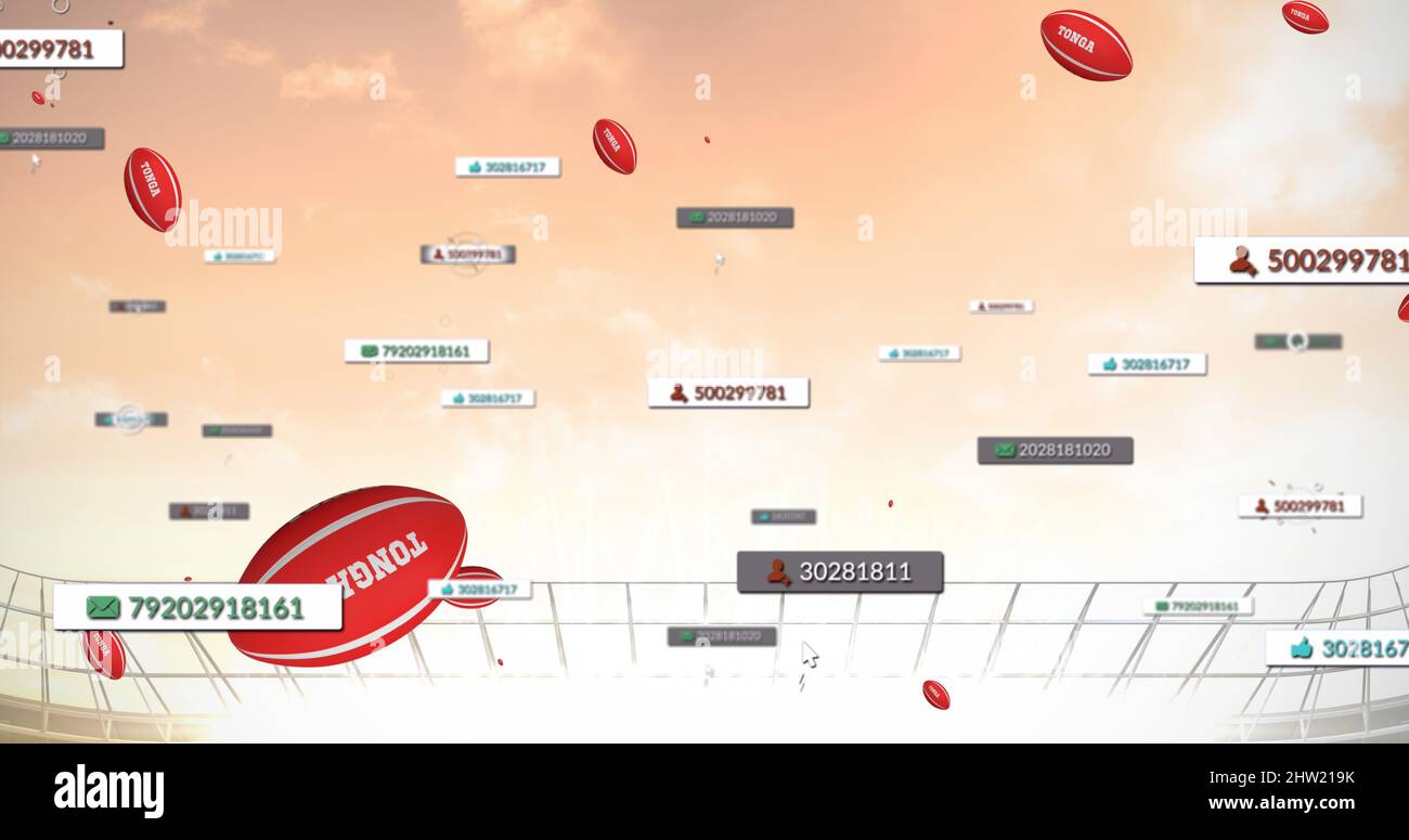 Image of media icons over rugby balls falling with tonga text at ...
