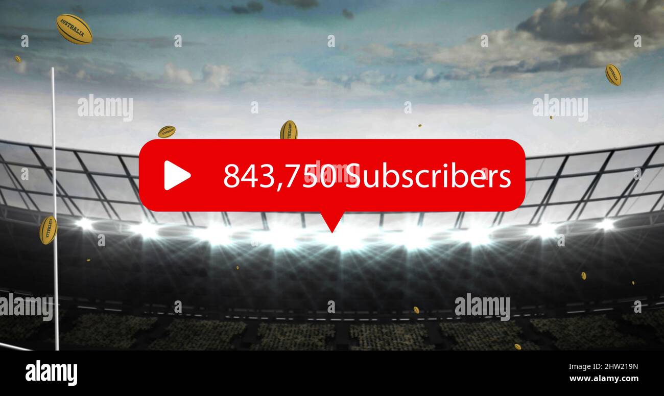 Image of media icon over rugby balls falling with text australia at ...