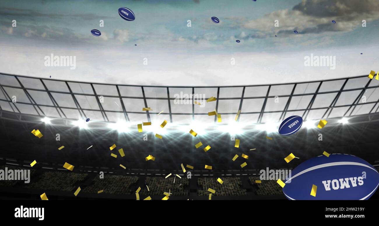 Image of confetti over rugby balls falling with samoa text at stadium ...