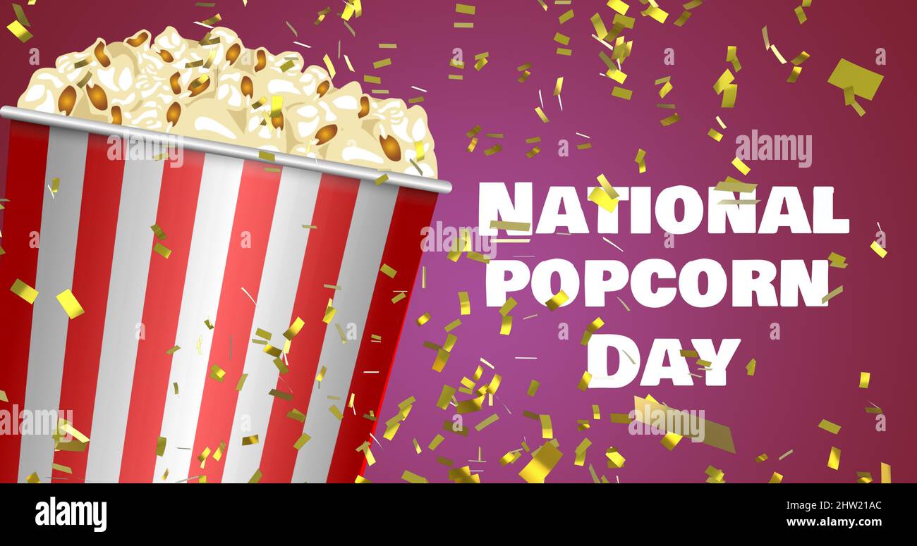 Image of confetti and national popcorn day text over box of popcorn ...