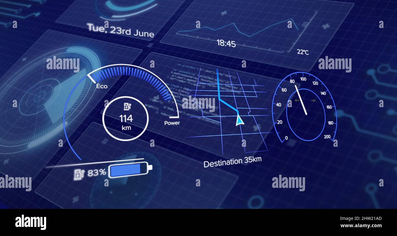 Image of car cockpit over data processing on blue background Stock ...