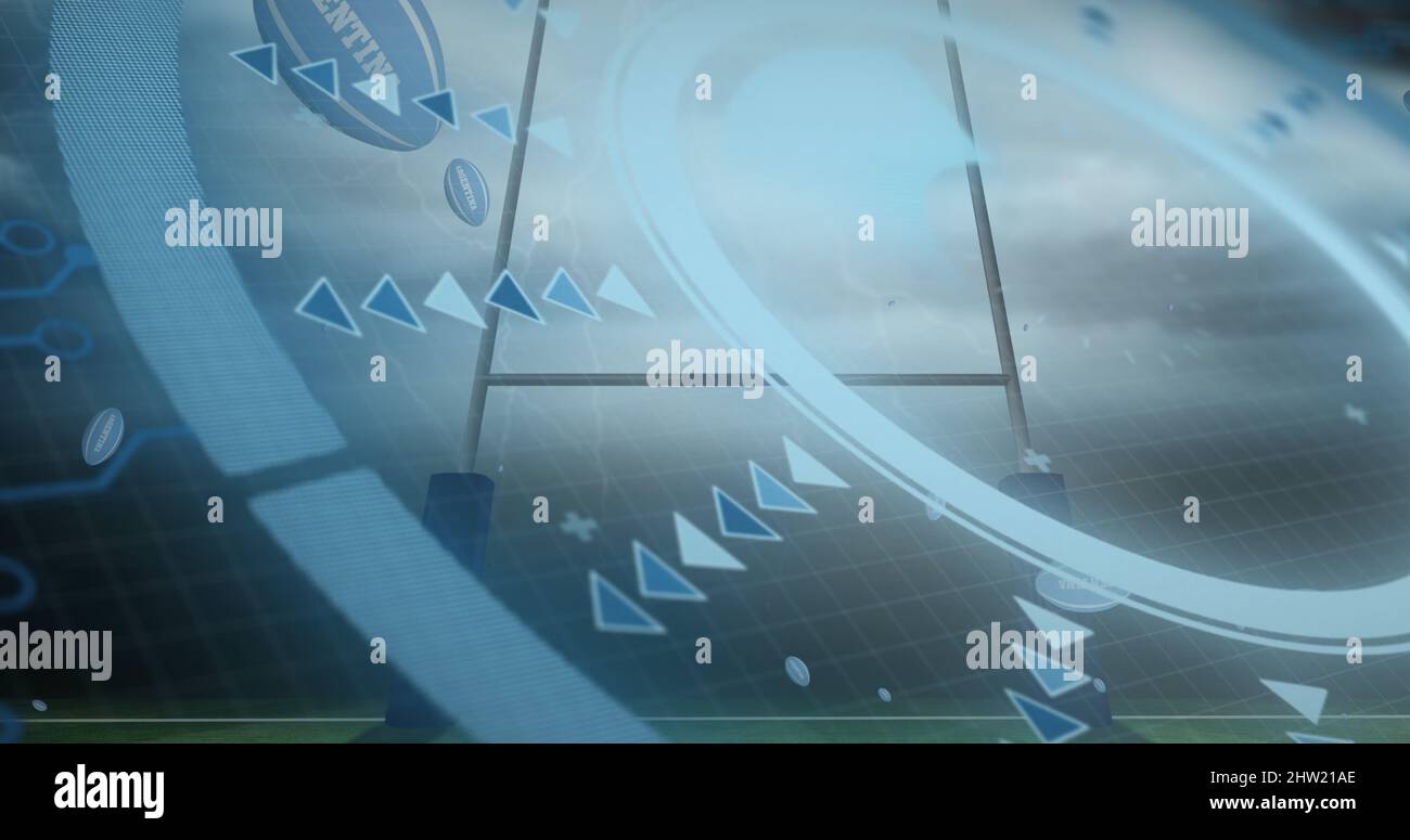 Image of scope scanning over rugby balls falling with argentina text at ...