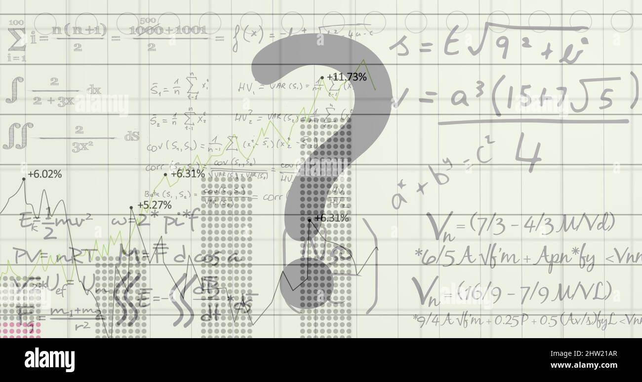 Image of question mark over mathematical equations in school notebook ...