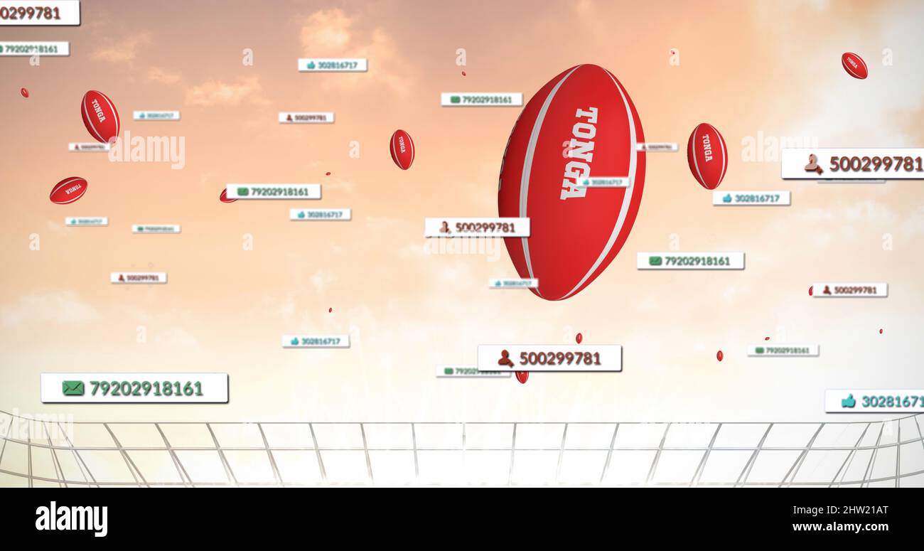 Image of media icons over rugby balls falling with tonga text at ...