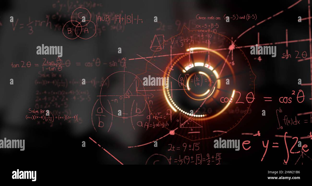 Image of moving circle and mathematical equations on black background ...
