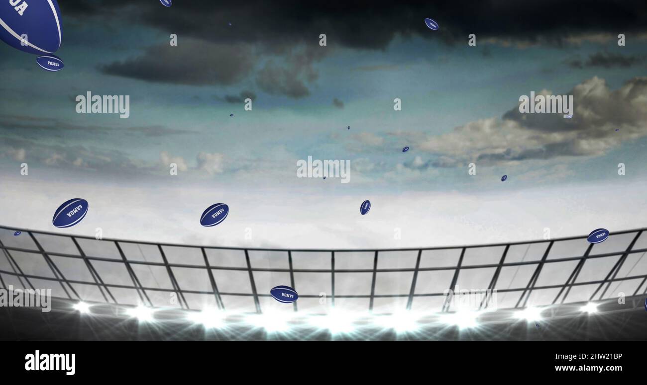 Image of confetti over rugby balls falling with samoa text at stadium ...