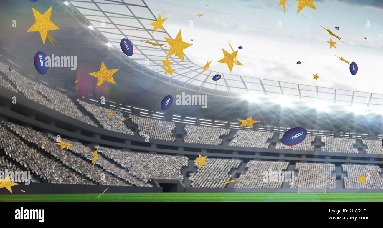 Image of stars over rugby balls falling with france text at stadium ...