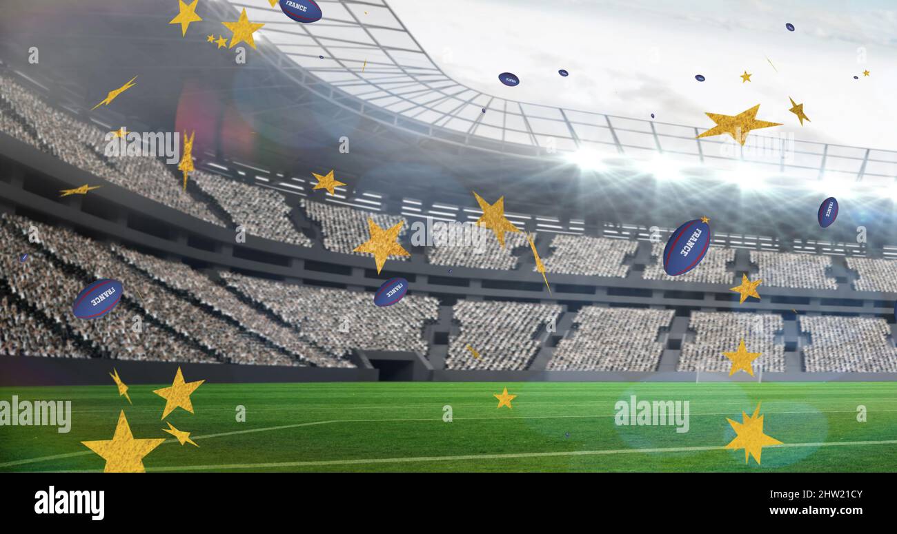 Image of stars over rugby balls falling with france text at stadium ...