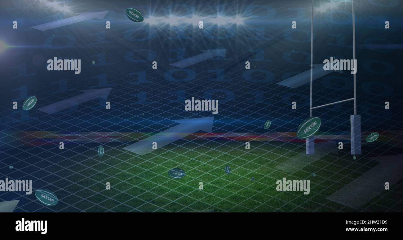 Image of arrows over rugby balls falling with ireland text at stadium ...