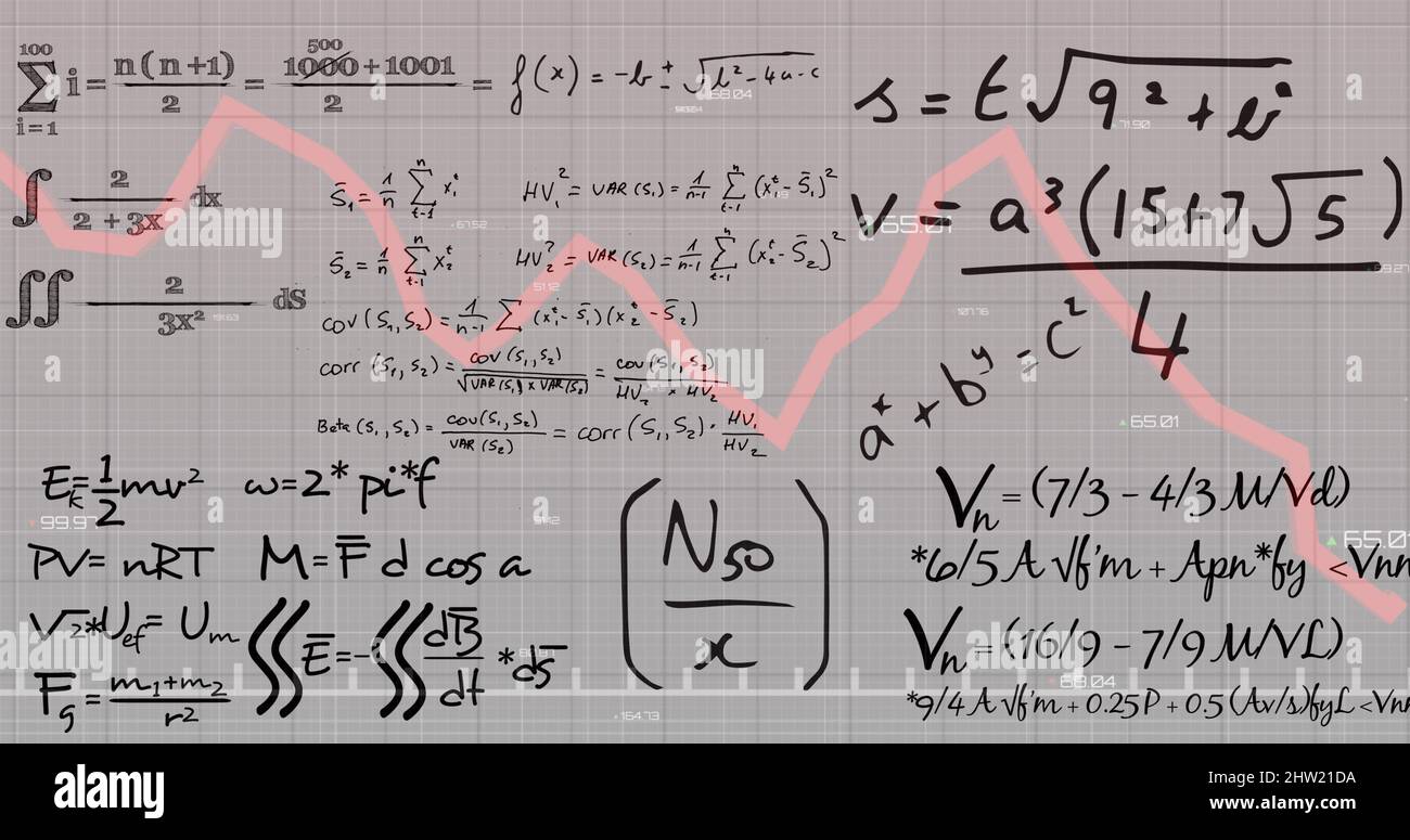 Image of red line over mathematical equations in school notebook Stock ...