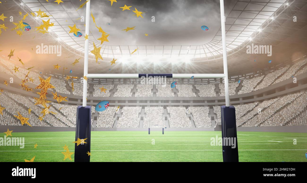 Image of stars over rugby balls coloured with fiji flag falling at ...