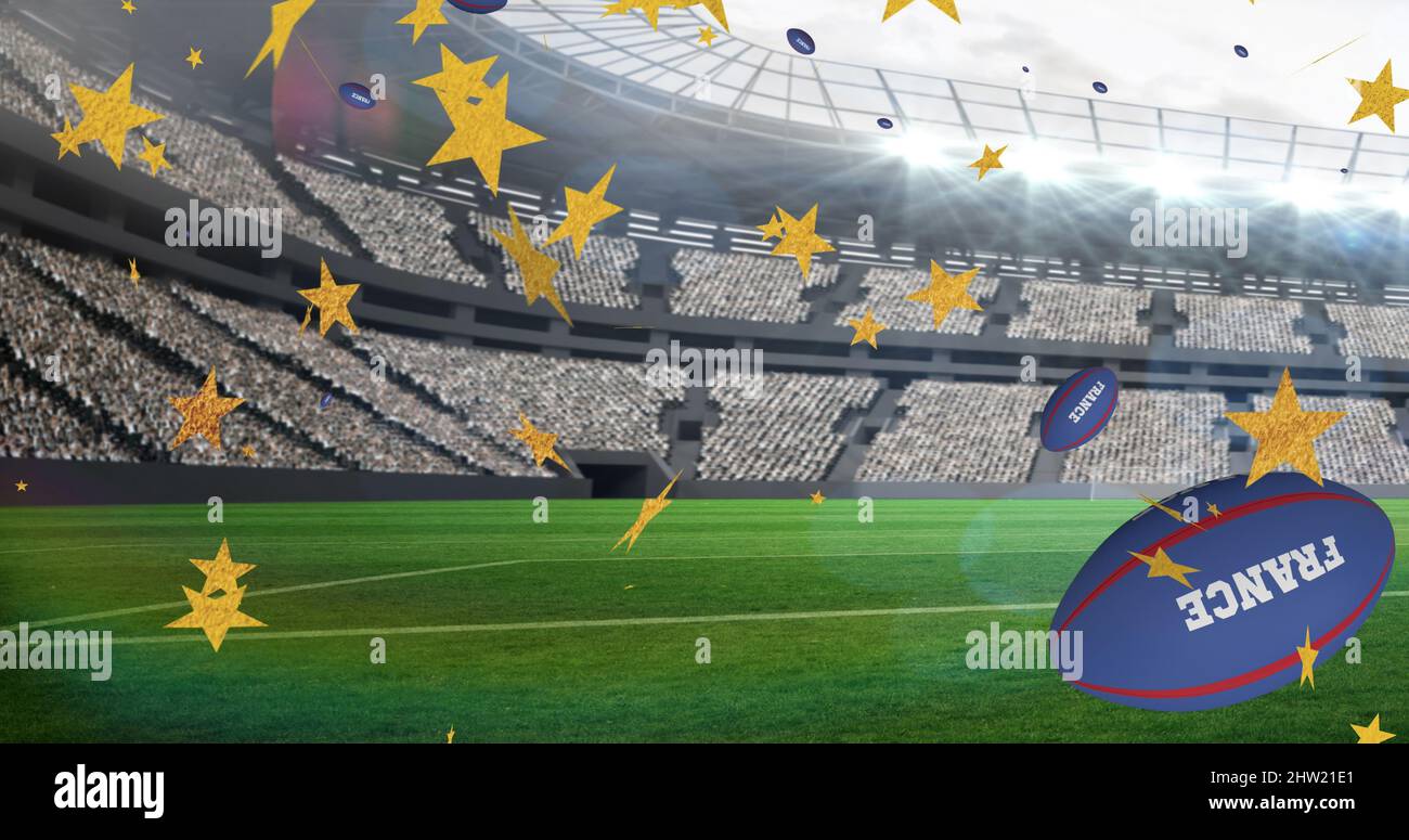 Image of stars over rugby balls falling with france text at stadium ...